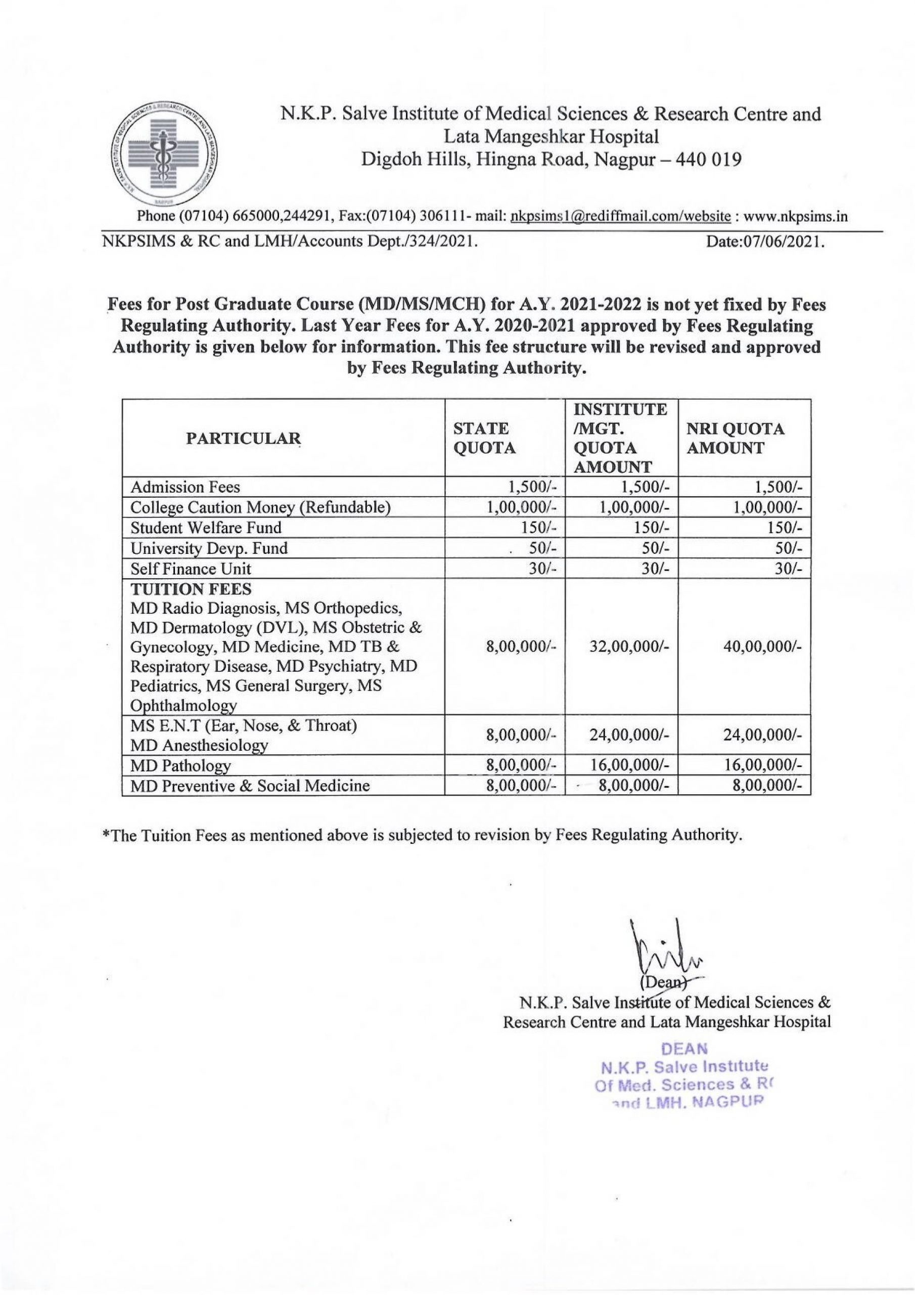 Information As Per NMC Regulations – NKPSIMS